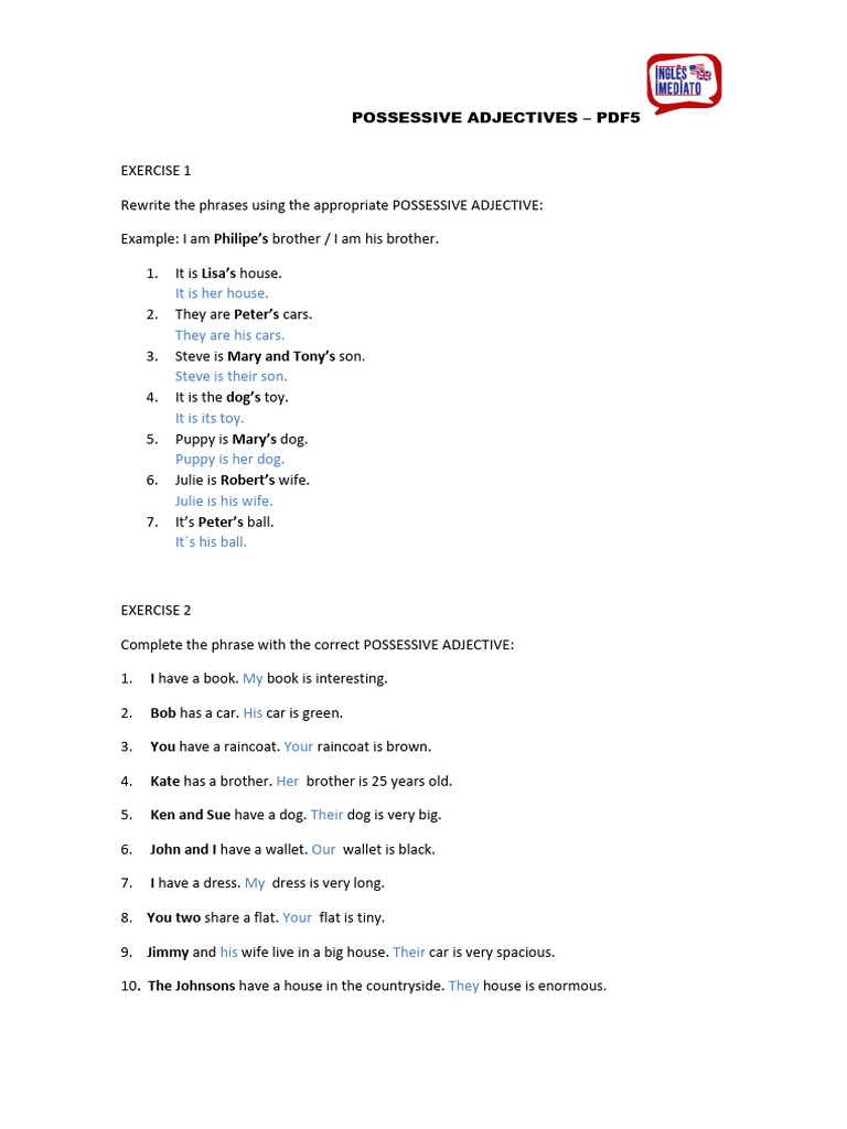 Mastering Possessive Adjectives Exercises | PDF