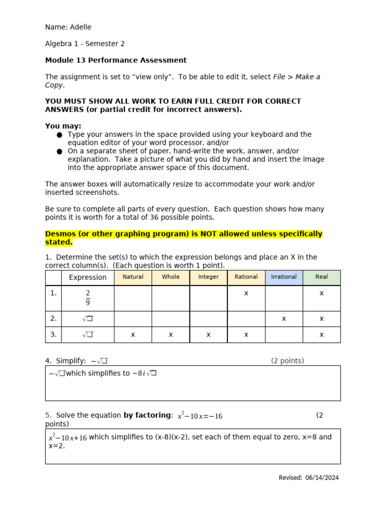 M13 Performance Assessment (22-23) | PDF | Quadratic Equation | Equations