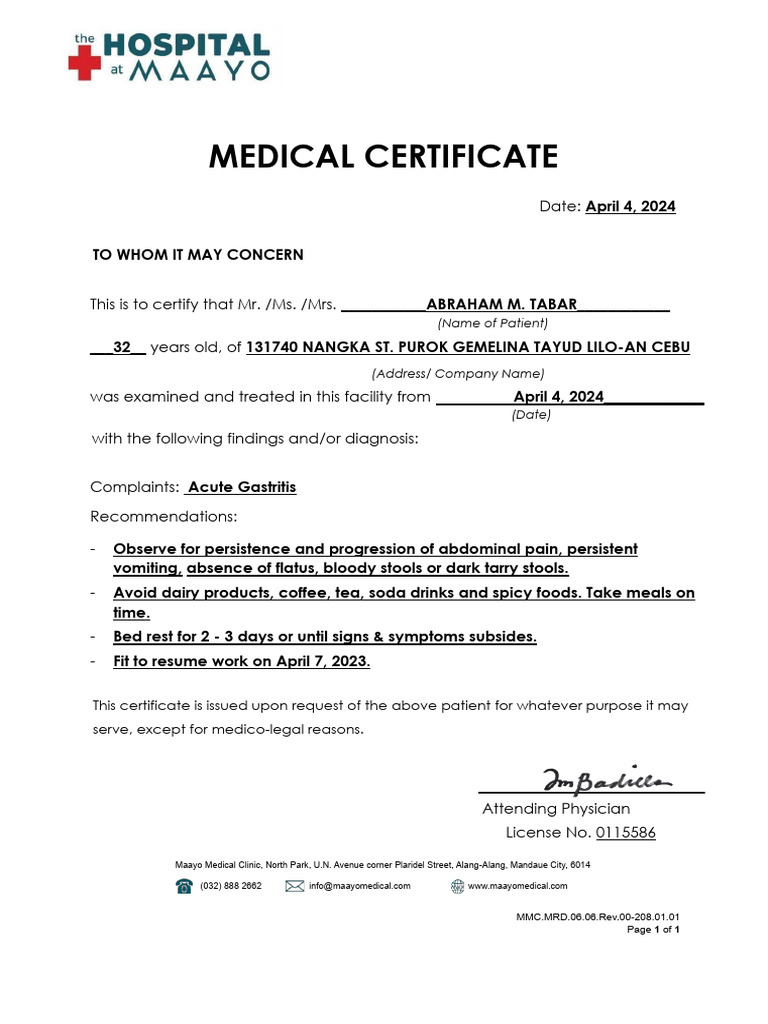 Medical Certificate - Apr. 4 - Abraham Tabar | PDF