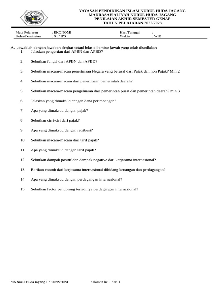 Soal Ekonomi XI PAS Genap 2023 | PDF