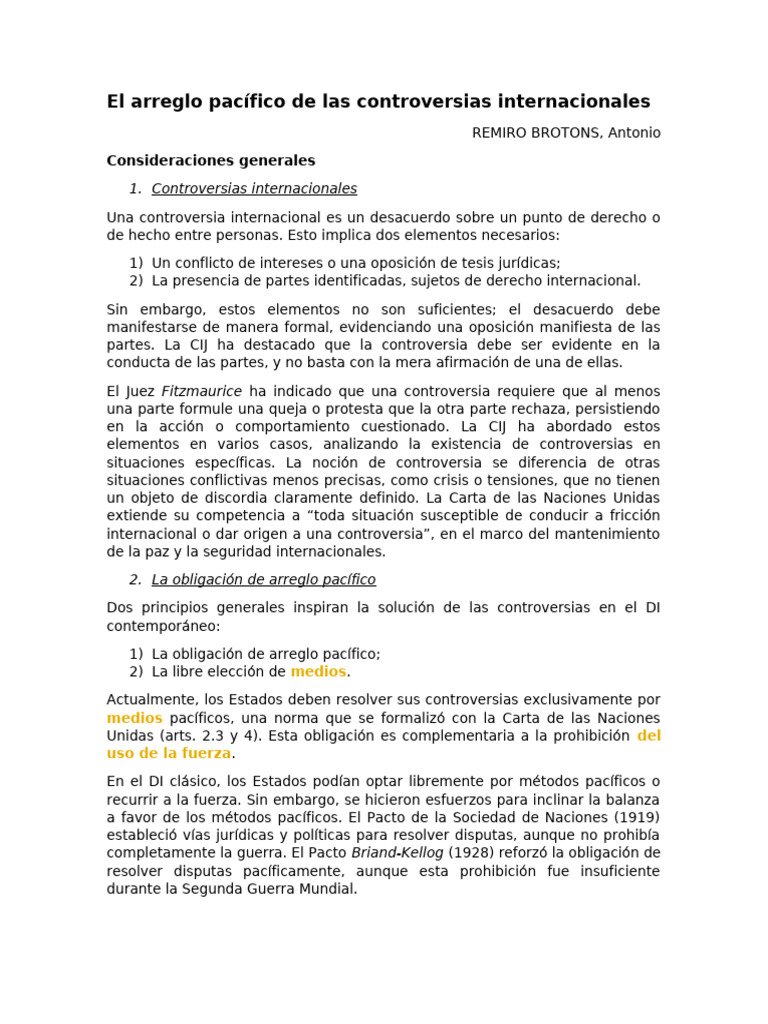 REMIRO BROTONS El Arreglo Pacífico de Las Controversias Internacionales | PDF | Arbitraje ...