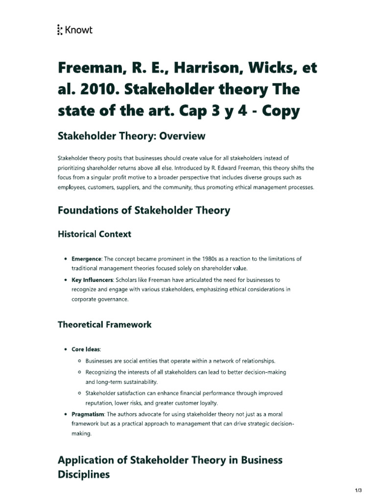 Freeman, R. E., Harrison, Wicks, Et Al. 2010. Stakeholder Theory The ...