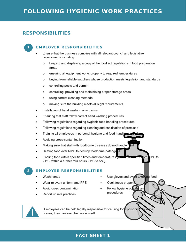 Fact Sheet 1 - Following hygienic work practices | PDF | Hand Washing ...