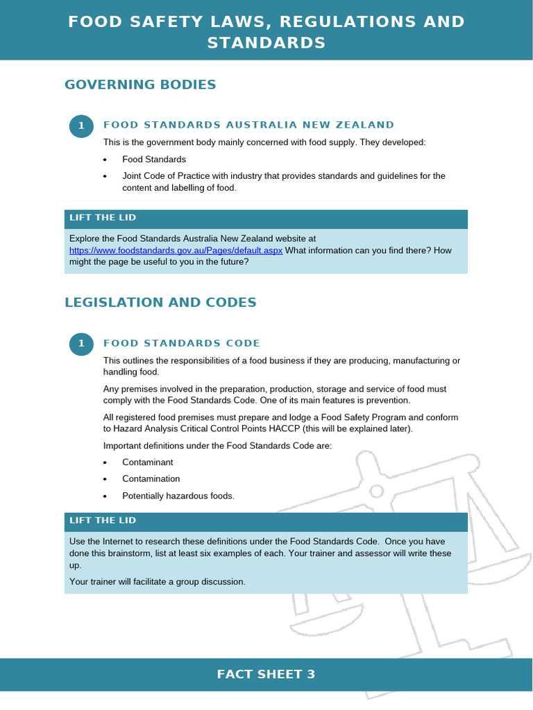 Fact Sheet 3 - Food Safety Laws, Regulations and Standards | PDF | Food Safety | Hazard Analysis ...