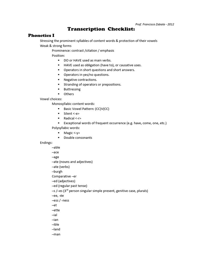 Phonetics I - Transcription Check List | PDF | Syllable | Stress ...