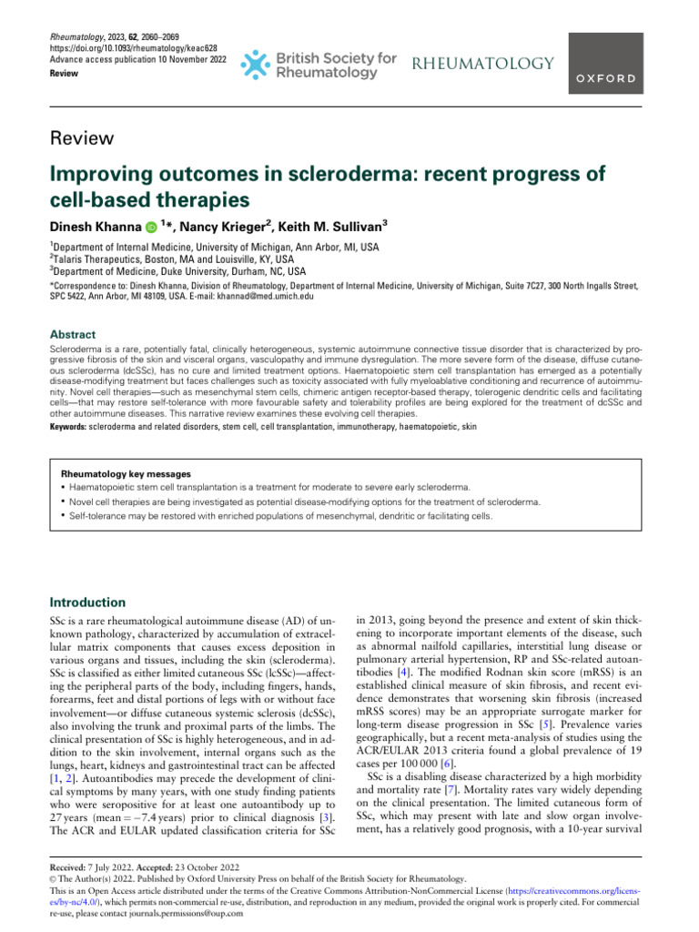 Improving outcomes in scleroderma recent progress of cell based ...