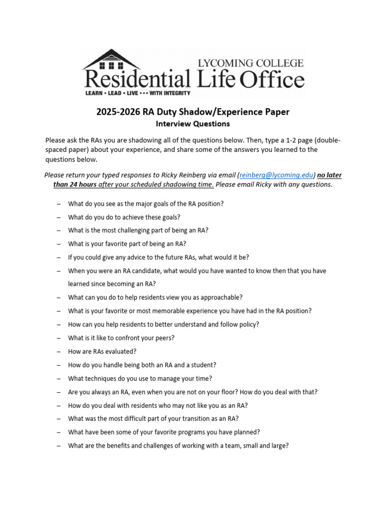 RA Candidate Job Shadow Form 2025-2026 | PDF