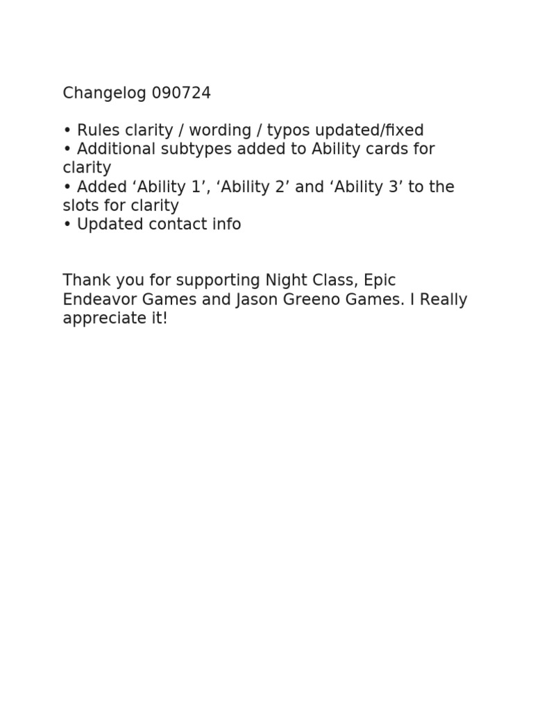 Night Class Changelog 090724 Update | PDF