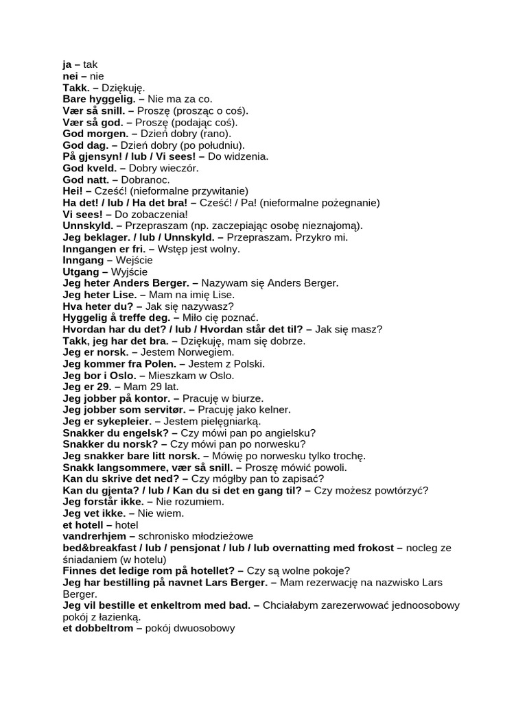 Język Norweski - Podstawowe Słówka I Zwroty | PDF