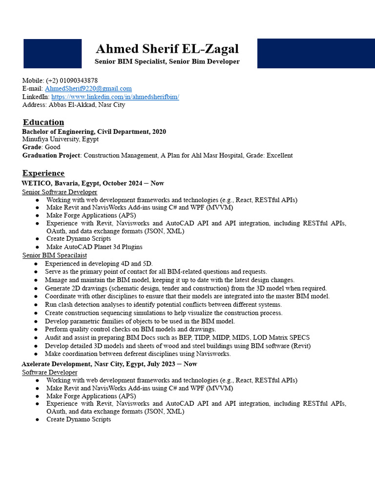 Ahmed Sherif ELZagal 20250125.docx | PDF | Autodesk Revit | Building Information Modeling