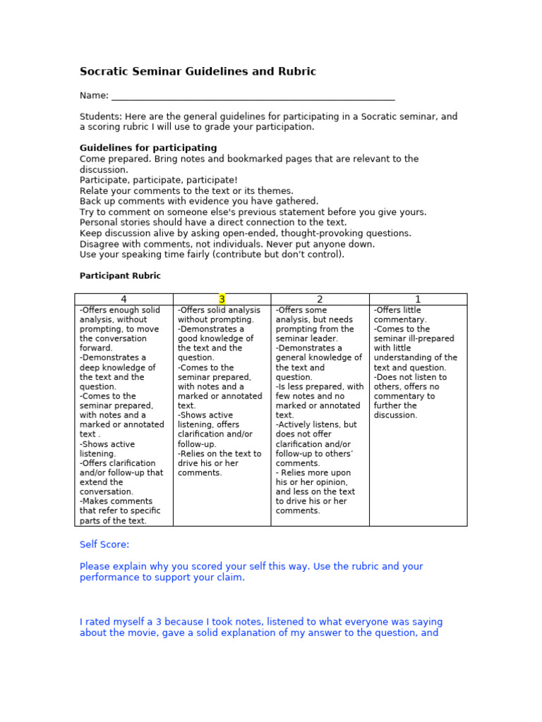 Socratic Seminar Guidelines and Rubric | PDF | Reason | Epistemology