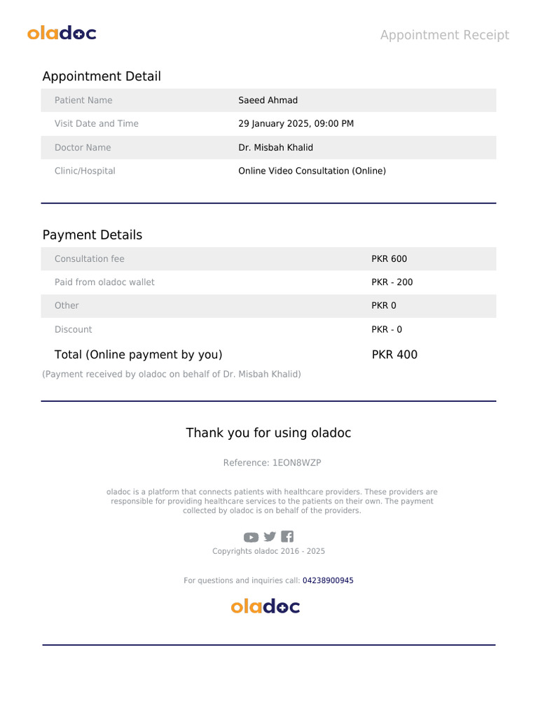 Payment-Receipt Misbah Khalid Skin Specialist | PDF