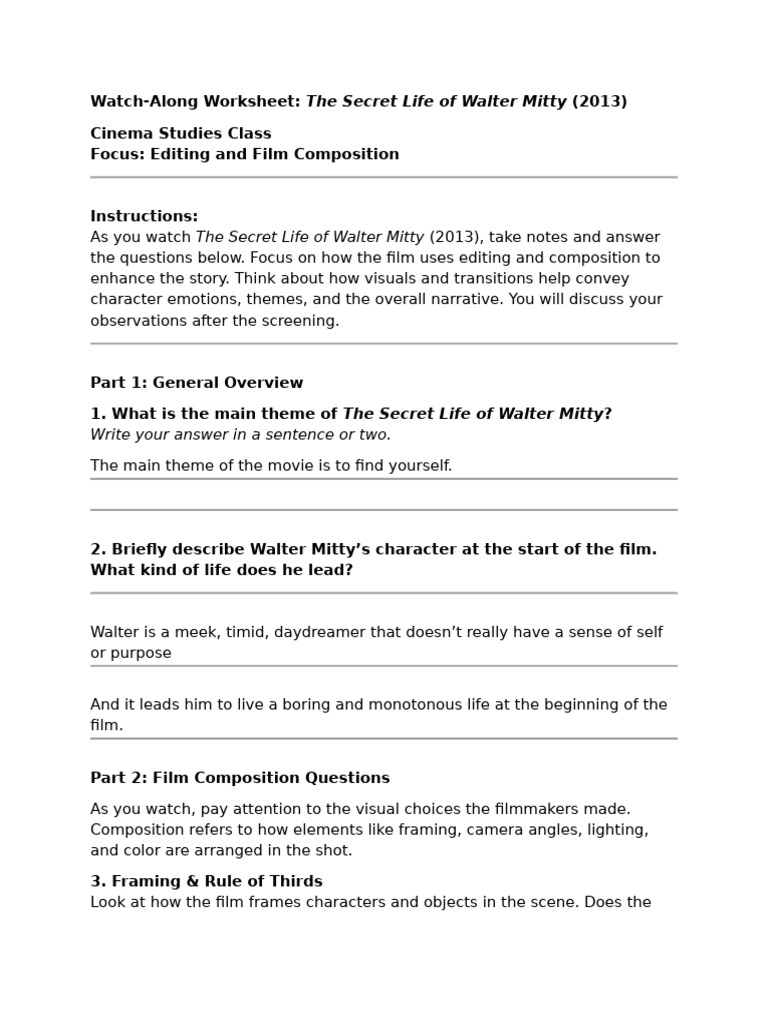 Walter+Mitty+Sheet | PDF | Composition (Visual Arts) | Cinematography