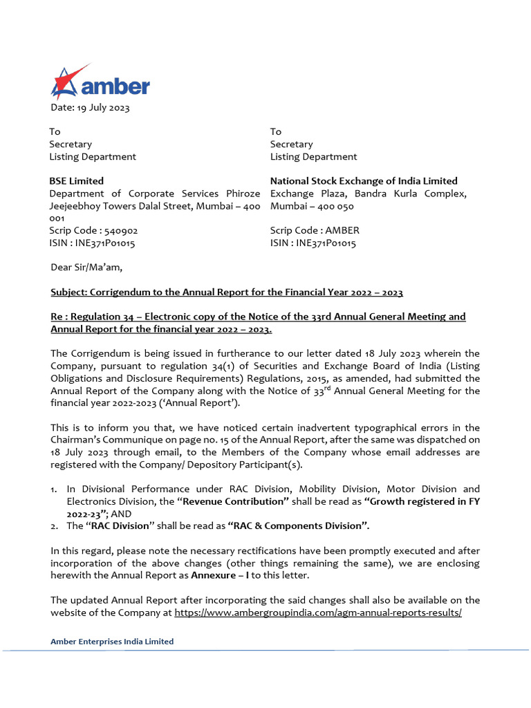 Amber Enterprises FY 2022-23 Annual Report Corrigendum | PDF ...