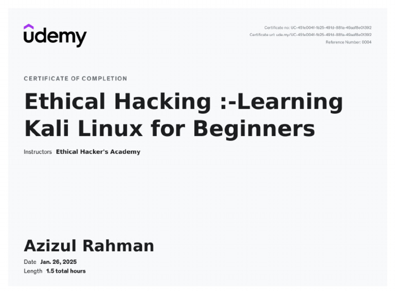 Ethical Hacking_Learning Kali Linux for Beginners Certificate | PDF