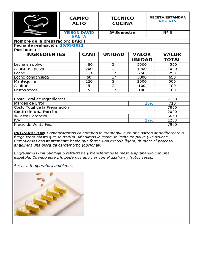 RECETA ESTANDAR- Barfi | PDF