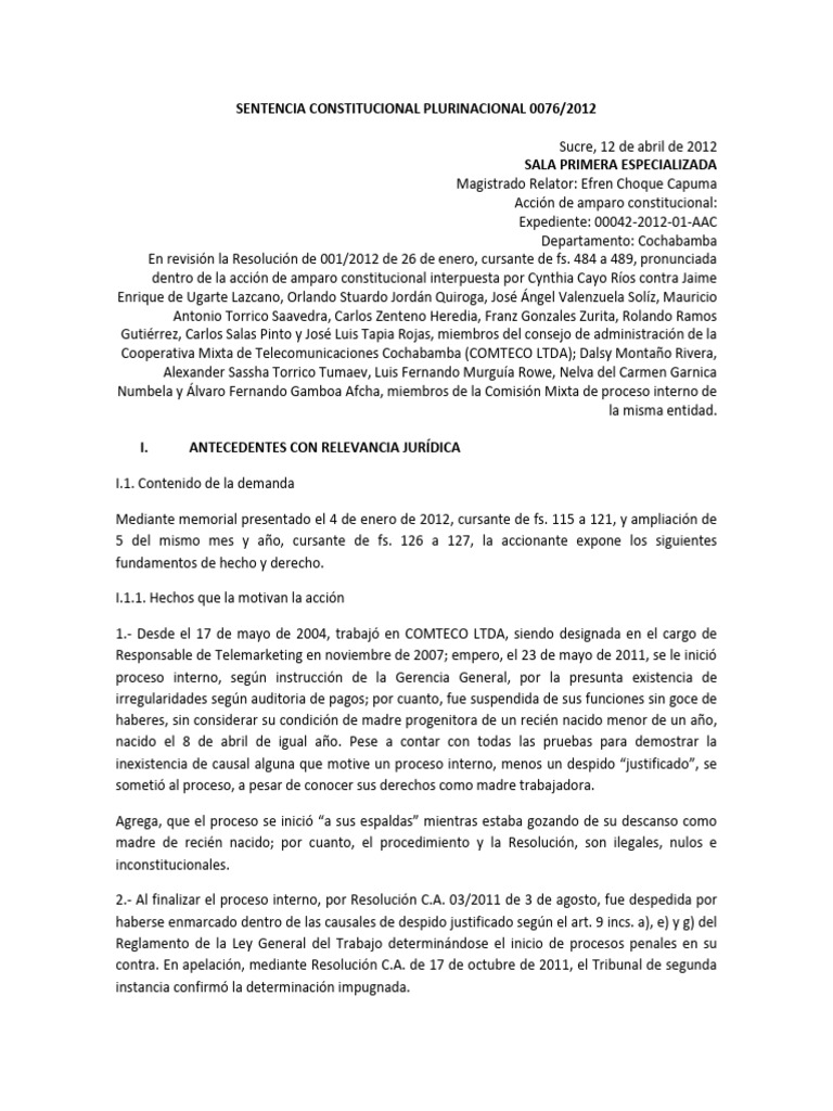 SENTENCIA CONSTITUCIONAL PLURINACIONAL N° 0076_45 | PDF | Debido al proceso | Derecho laboral