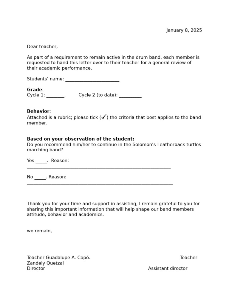 Letter of Recommendation For Each Band Member | PDF