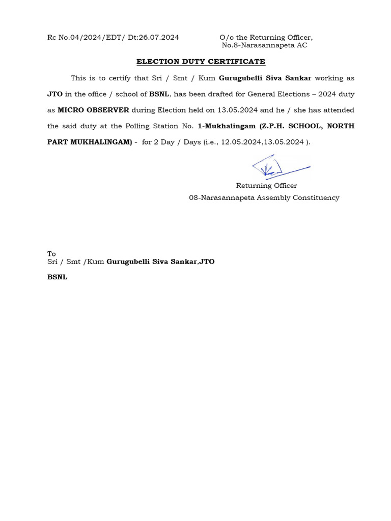 Election Duty Certificate | PDF | Secondary Education | Schools