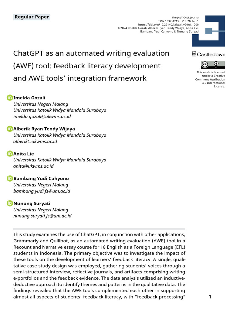 ChatGPT As An Automated Writing Evaluation AWE Tool Feedback Literacy Development and AWE Tools ...