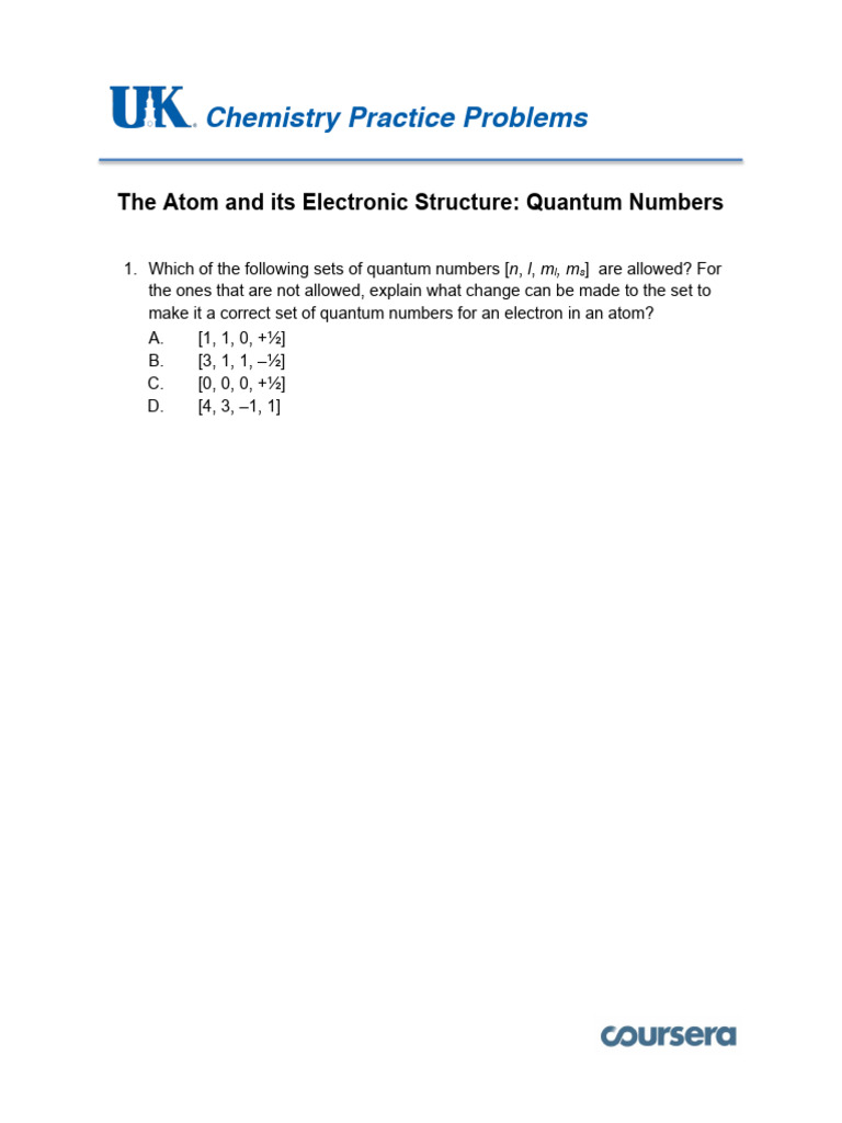 Quantum Numbers Chemistry Problems | PDF