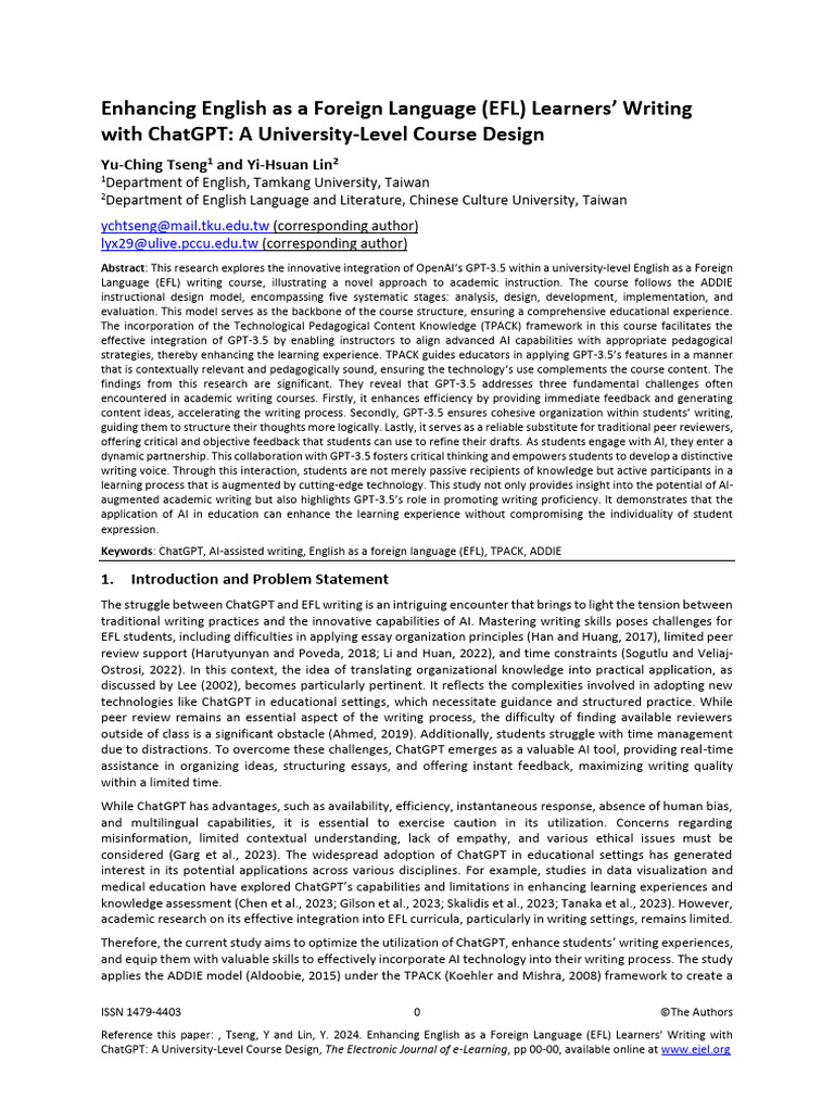 EFL Writing Enhancement with ChatGPT | PDF | English As A Second Or ...