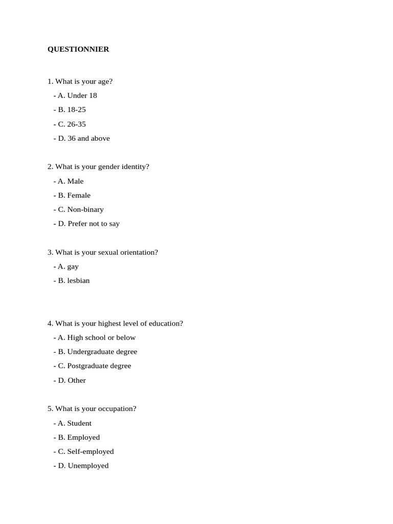 Questionnaire 1 | PDF | Mental Health | Sexual Orientation