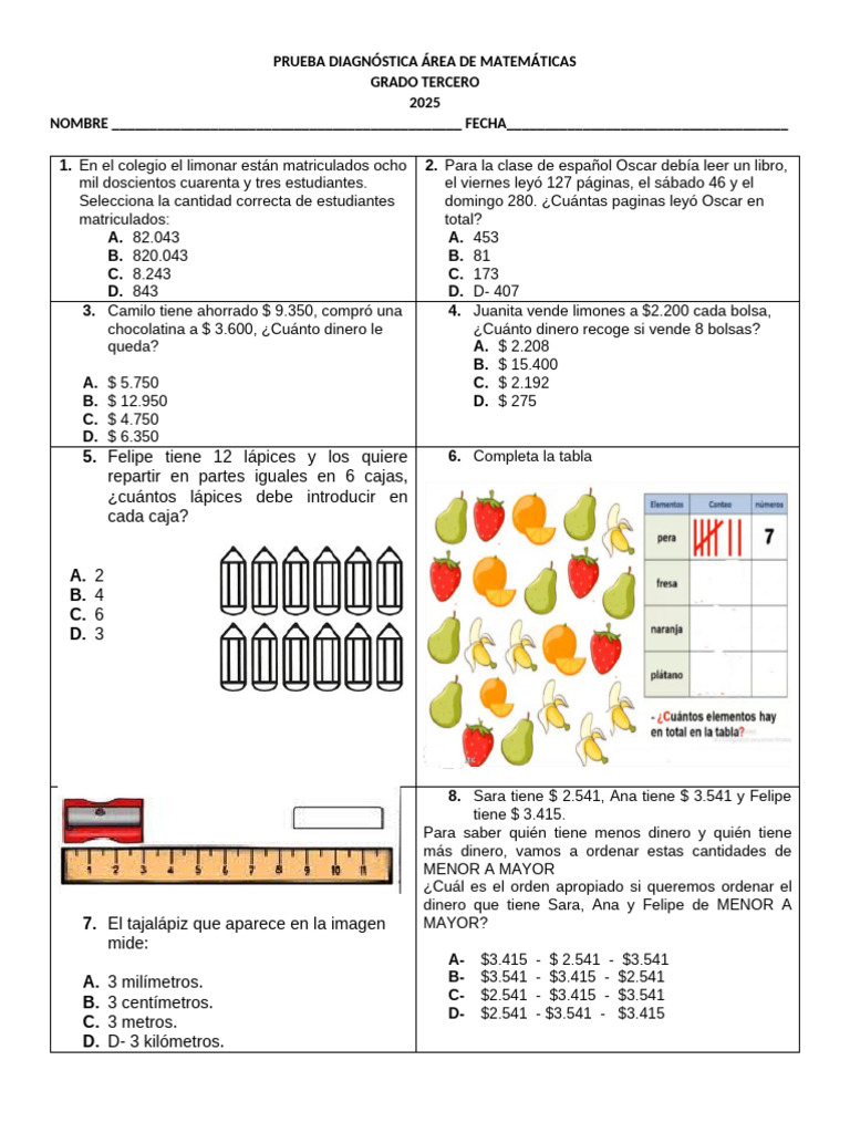 Prueba Diagnóstica Matemáticas (1) | PDF