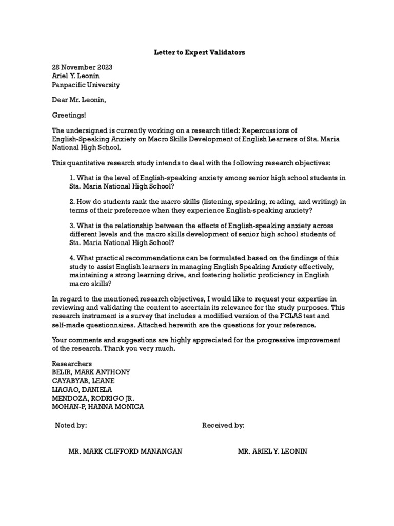 Letter To Expert Validators (Mr. Leonin) | PDF | Questionnaire | English Language