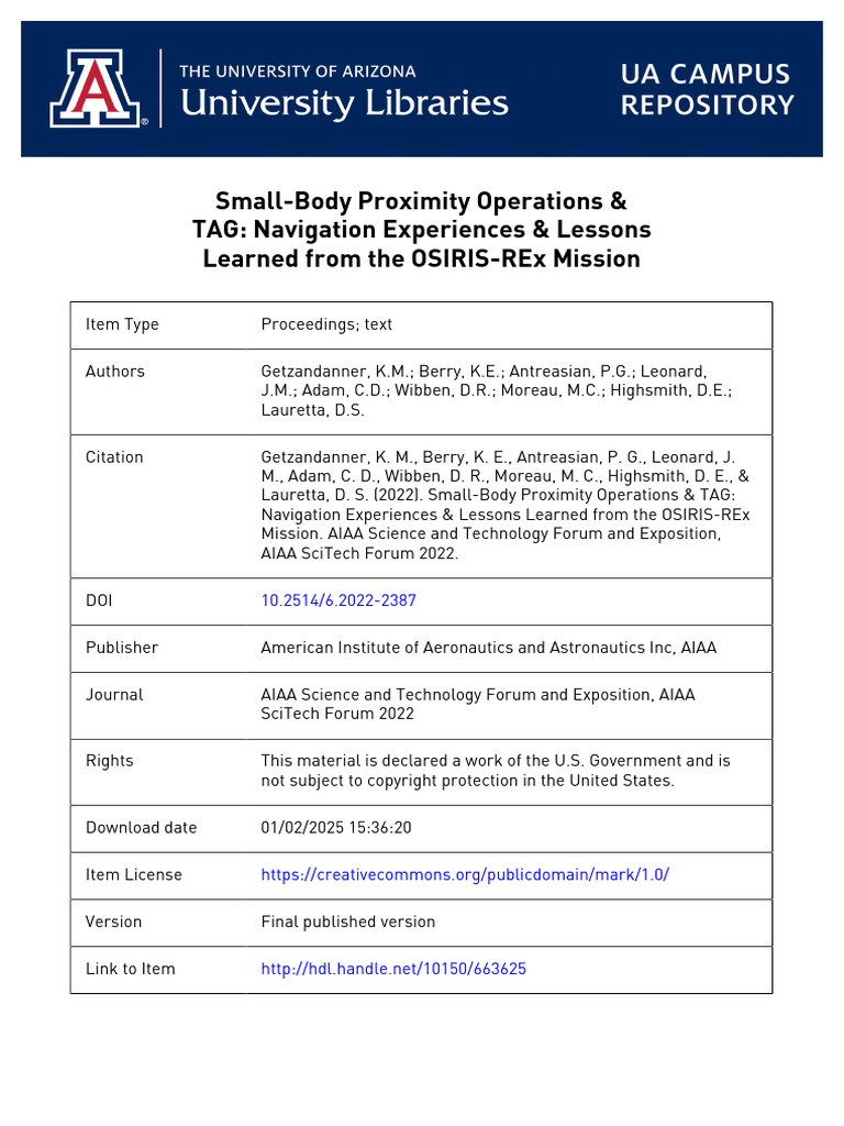 Small-Body Proximity Operations & Tag: Navigation Experiences & Lessons Learned From The Osiris ...
