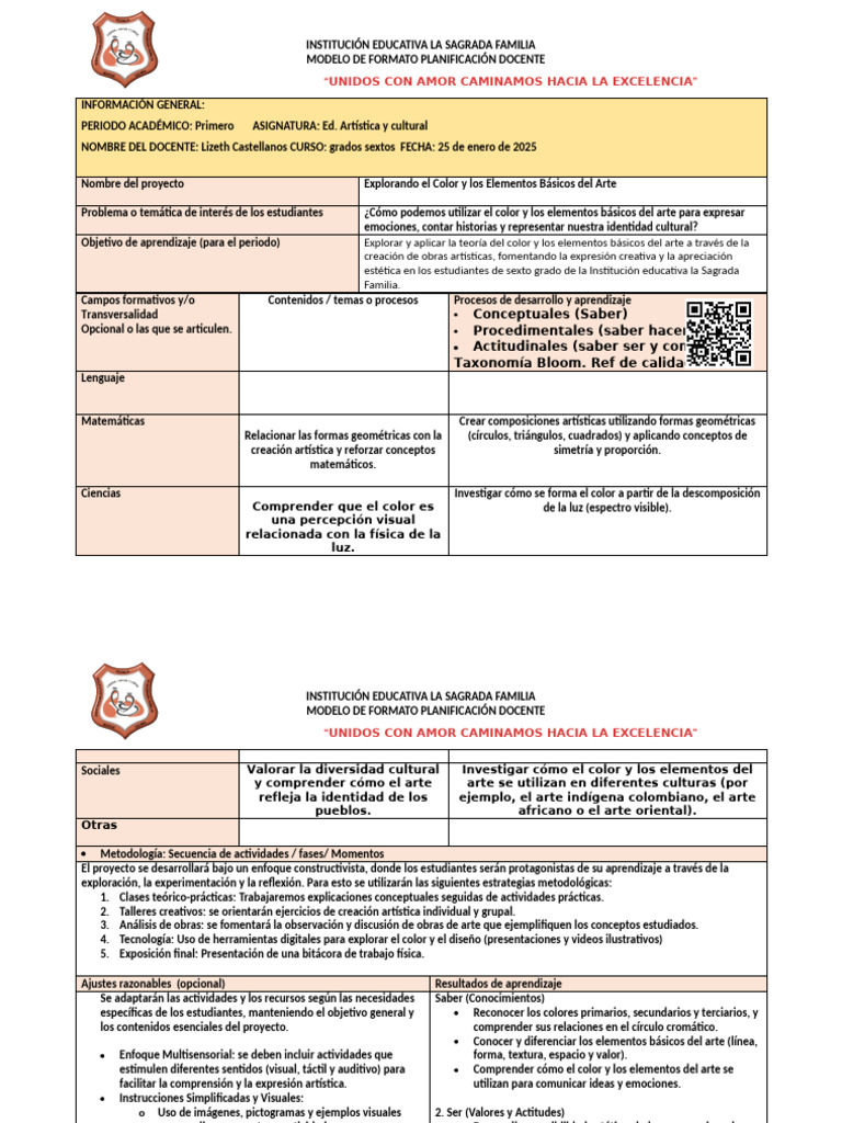 Formato Planeacion de Clase Primer Periodo Grado Sexto | PDF | Color | Maestros