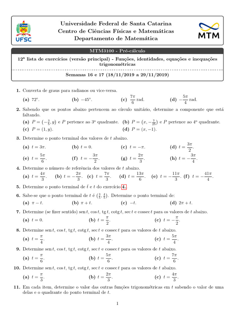 Lista de Exerc-Cios 12 (Vers-O Principal) | PDF | Trigonometria | Terra
