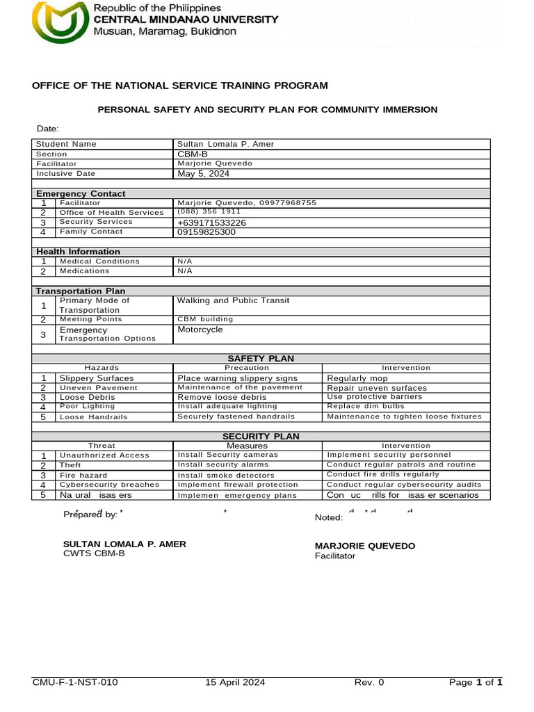 Sultan F 1 NST 010 Personal Safety and Security Plan For Community Immersion 2 | PDF | Hazards ...
