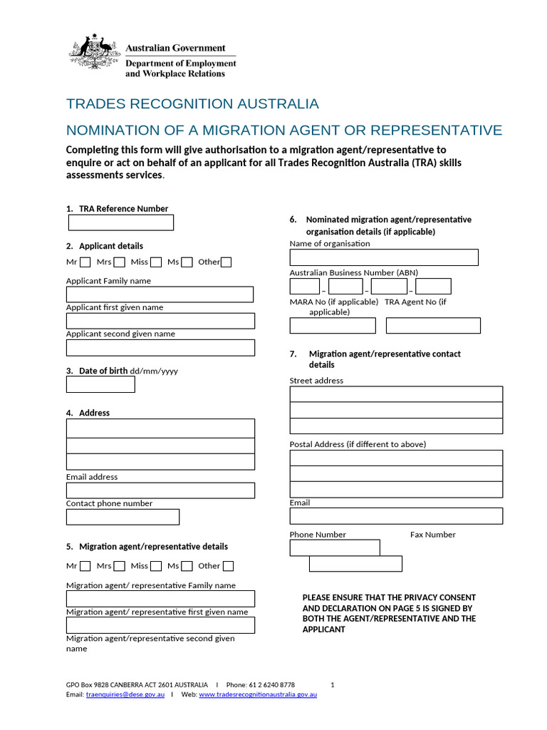 TRA Migration Agent Nomination Form | PDF | Privacy | Employment