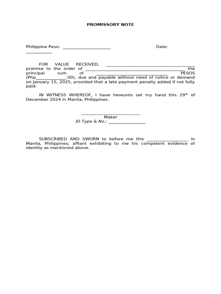 Philippine Peso Promissory Note Template | PDF