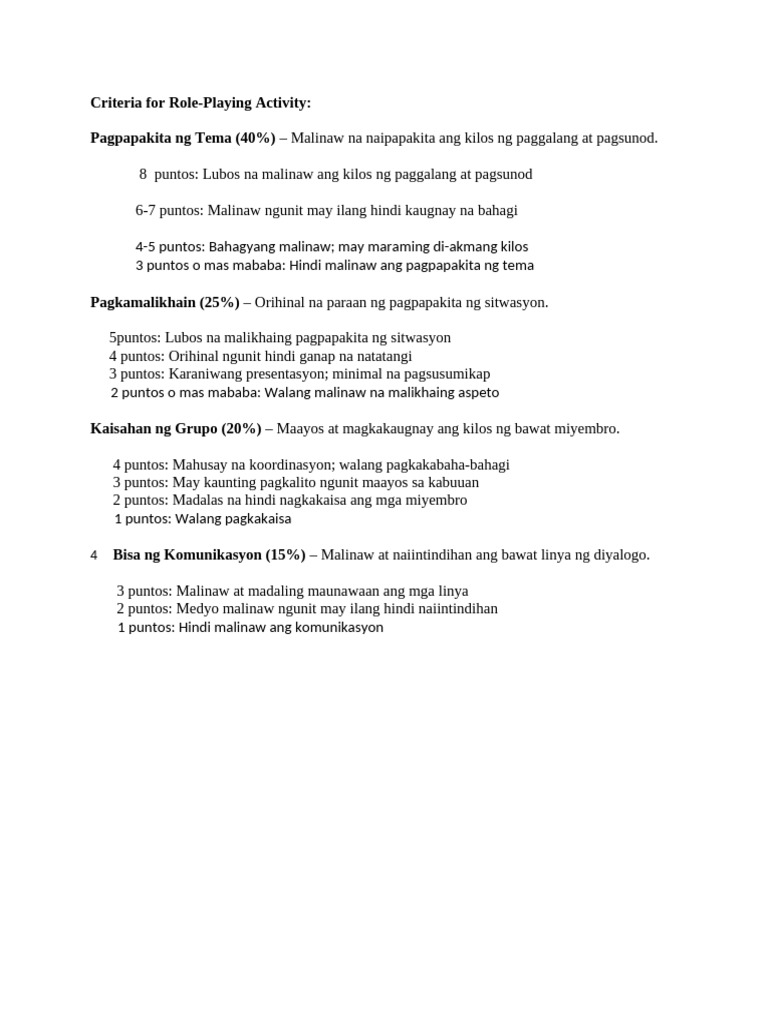 Criteria For Role Play ESP | PDF