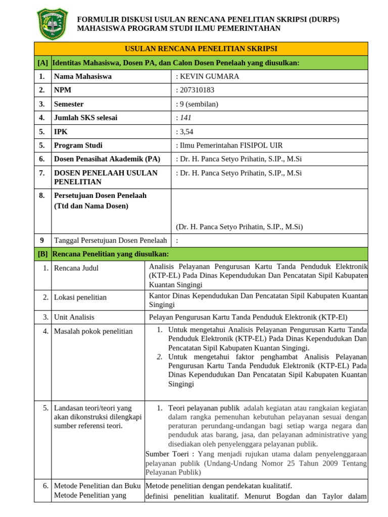 Formulir Diskusi Usulan Rencana Penelitian Skripsi | PDF
