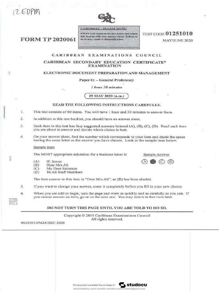 CXC Csec Edpm Paper 1 2020 June PDF | PDF