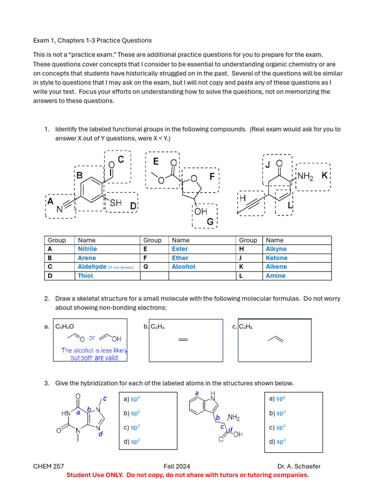 Organic Chemistry Exam 1 Practice Questions | PDF | Tests | Qualifications