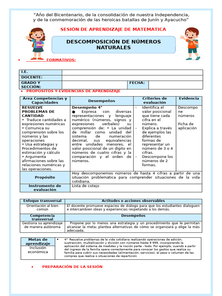 4° Ses Mate Juev 4 Descomposición de Numeros 933623393 Yessenia ...