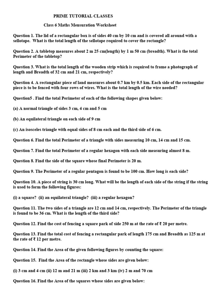 Class 6 Maths Mensuration Worksheet | PDF | Area | Rectangle