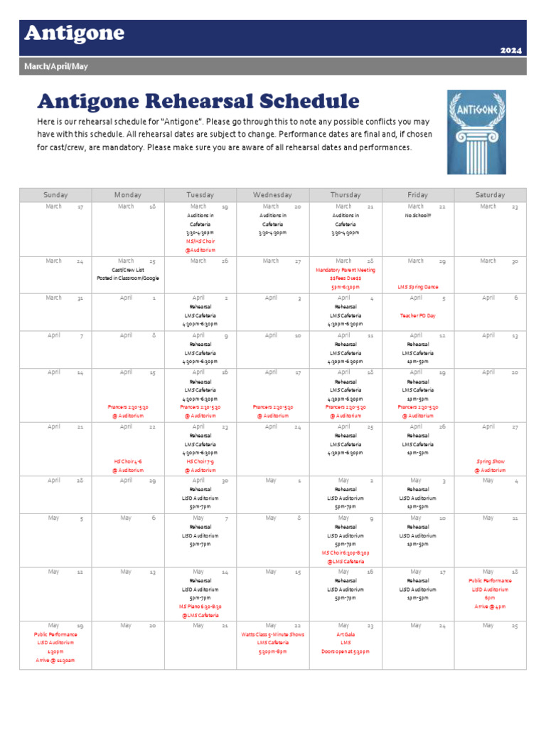 Antigone Rehearsal Schedule | PDF