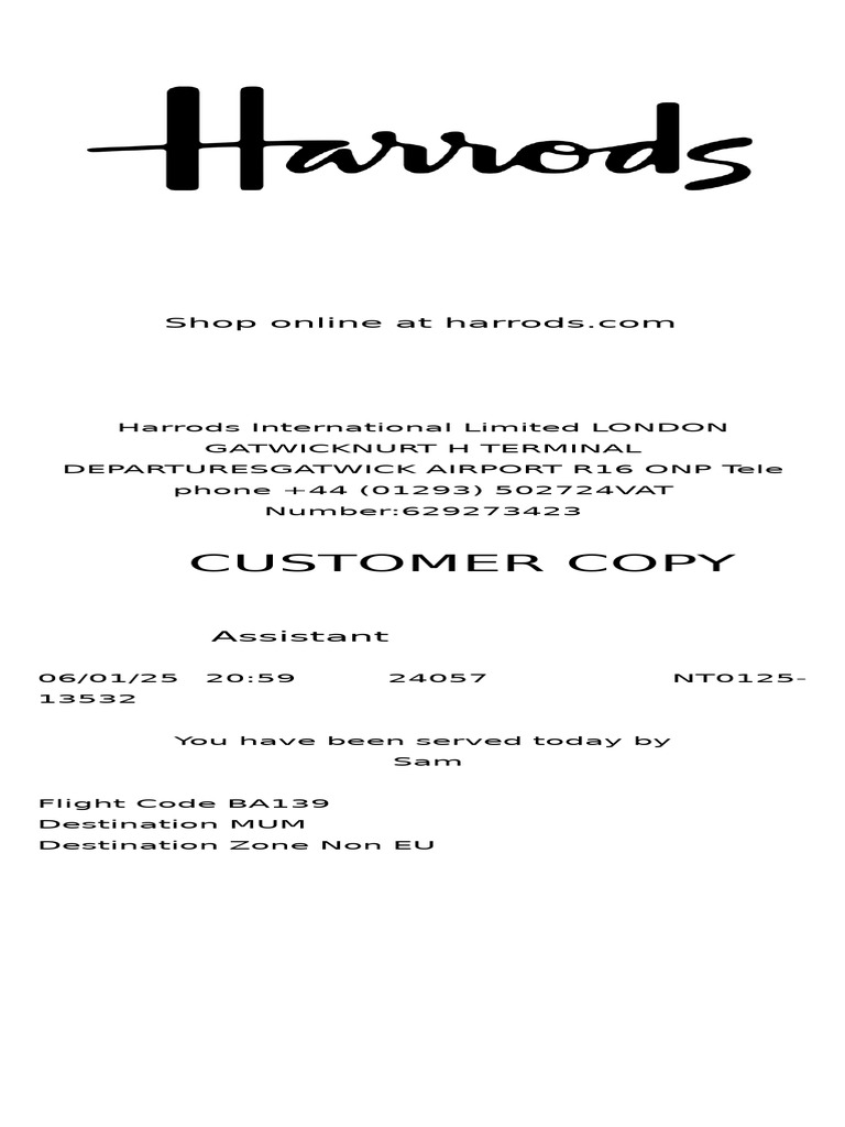 Harrods Receipt Template Example | PDF
