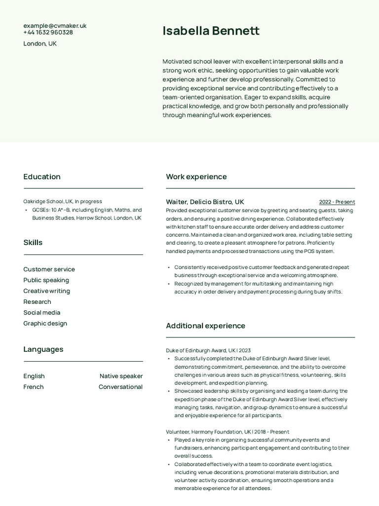 Example CV School Leaver 0e311e | PDF | Human Communication | Learning