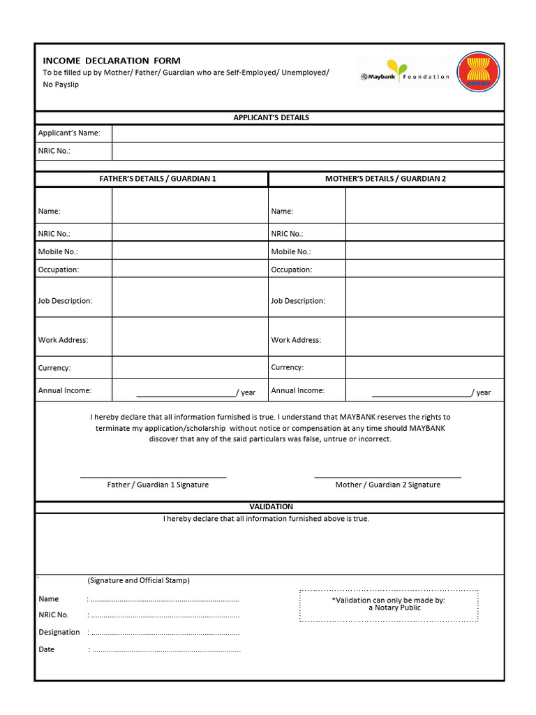 2025 ASEAN-Maybank Scholarship - Parents Income Declaration Form | PDF