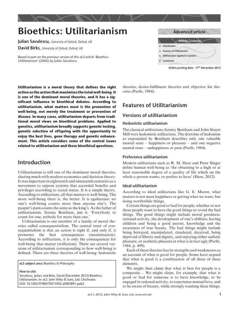 Bioethics: Utilitarianism | PDF | Utilitarianism | Hedonism