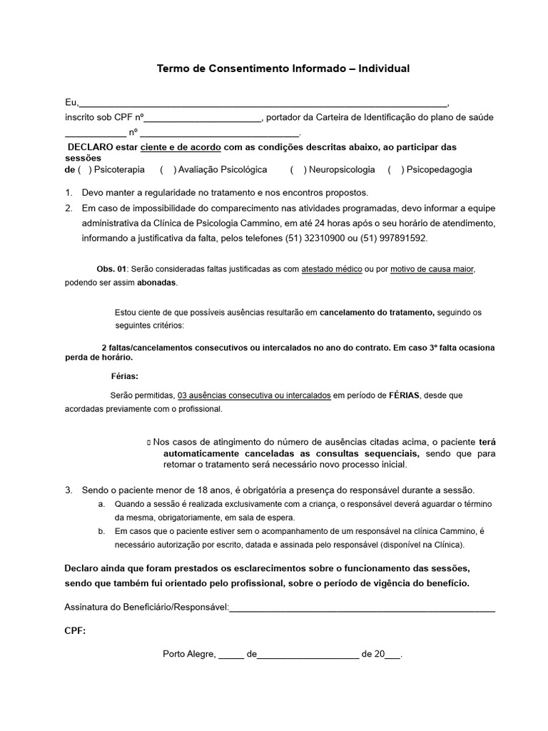 Termo de Consentimento Cammino | PDF | Psicologia | Consentimento Livre ...