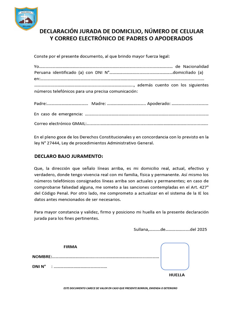 Declaracion Jurada de Domicilio 2025 | PDF