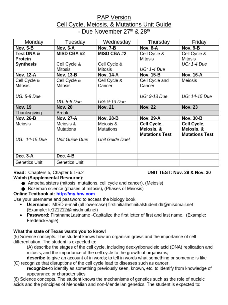 Updated - PAP - Cell Cycle, Meiosis, & Mutations UNIT GUIDE 2018-19 ...