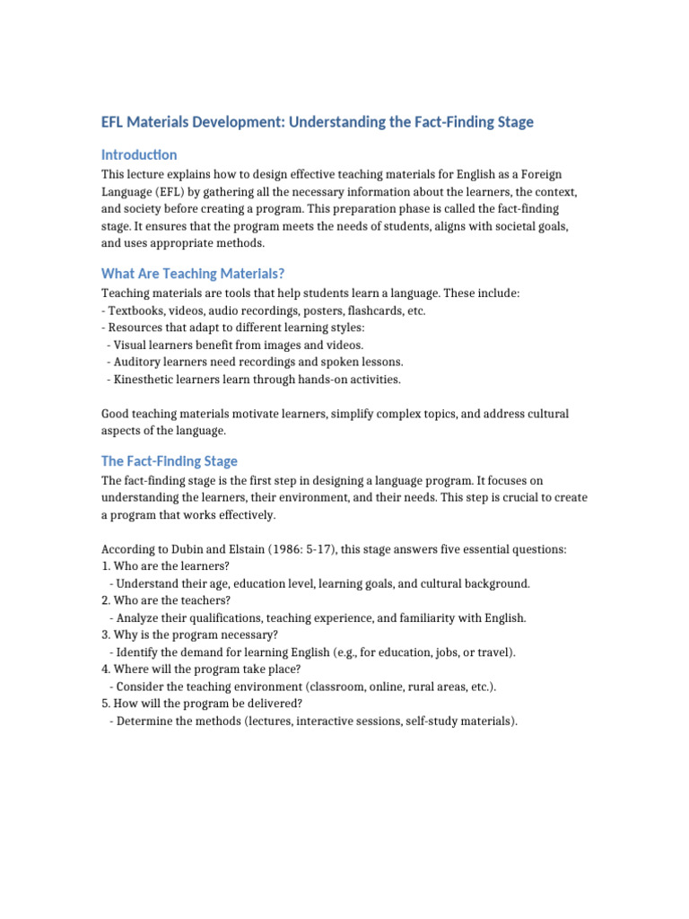 EFL Materials Development Fact Finding Stage | PDF